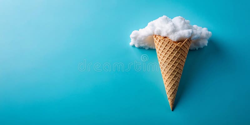 Ice Cream Cone with Cloud on Blue Background Top View Copy Space AI ...