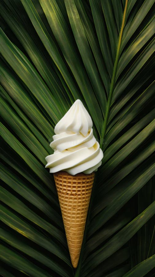 Ice Cream Cone on a Coconut Tree Leaves Background Stock Illustration ...