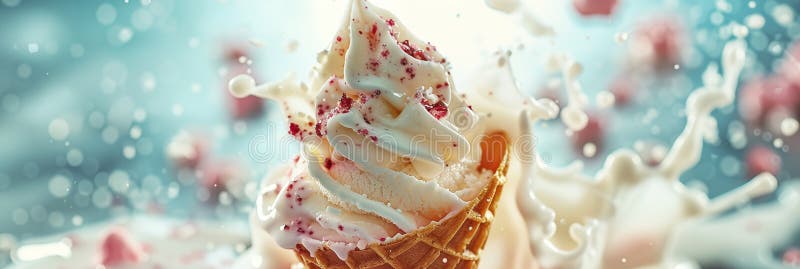 Ice Cream Cone with Exploding Milk Splash Background Banner. Panoramic ...