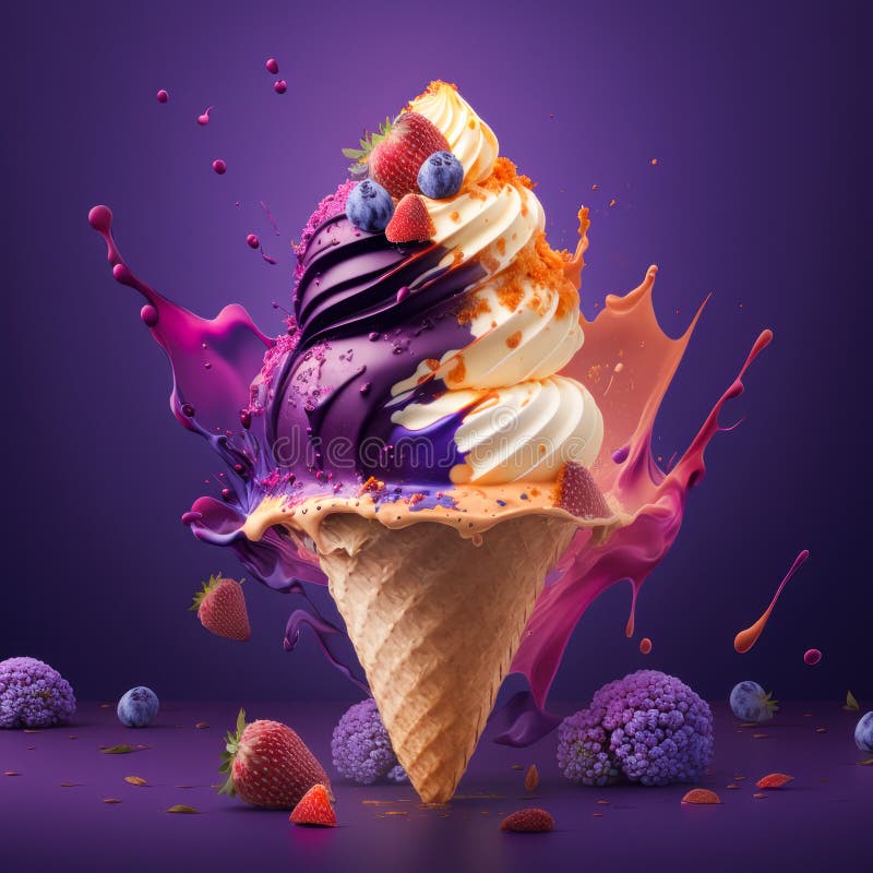 Ice Cream Cone With Fruit On Top Of It Generative Ai Stock Image