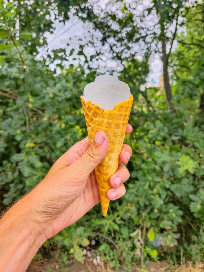Ice Cream in the Cone Hold in Man Hand Stock Image - Image of carefree ...