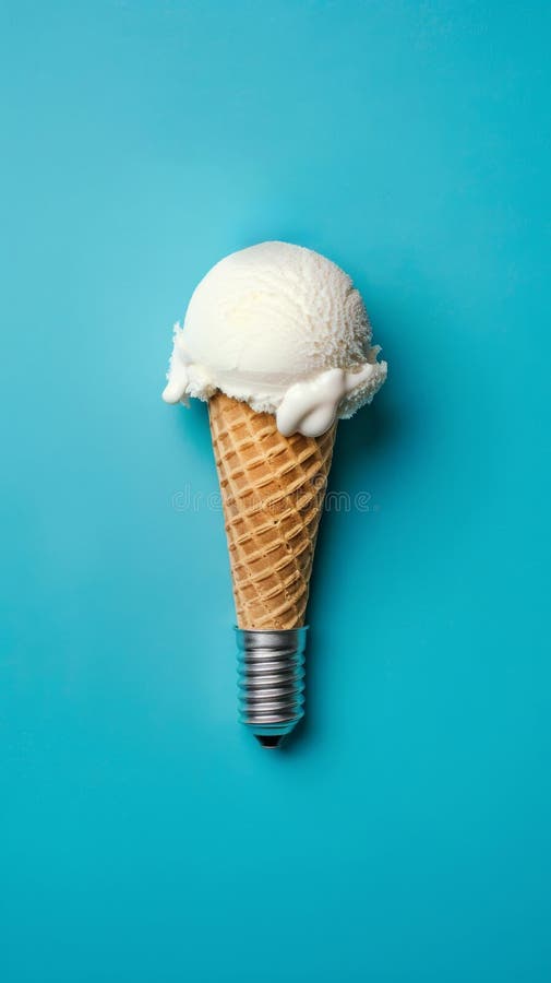 Ice Cream Cone with Light Bulb Base on Blue Background, Creative ...