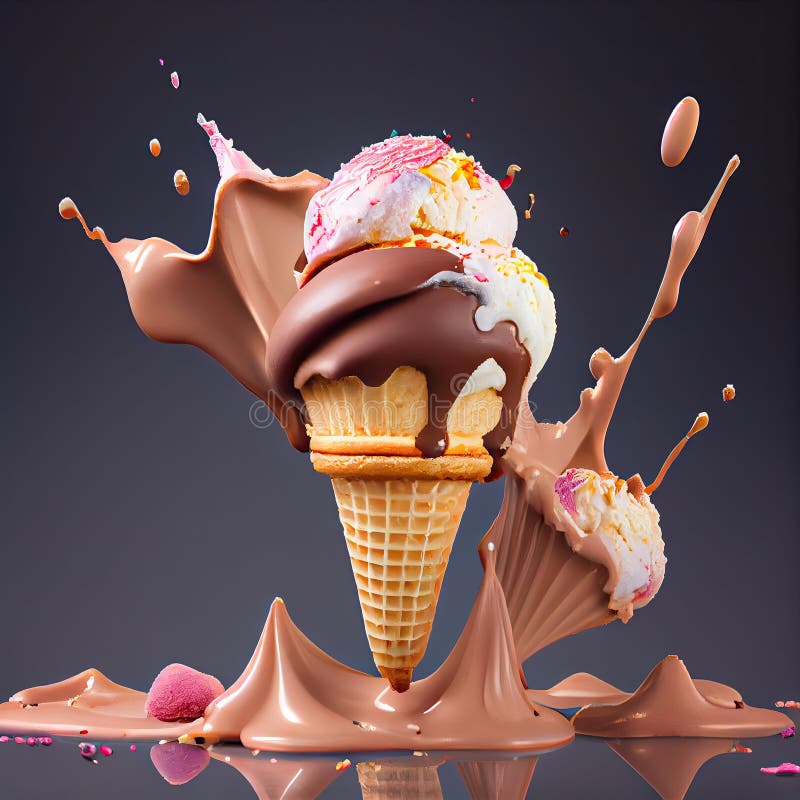 An Ice Cream Cone with Melted Chocolate and Sprinkles Stock ...
