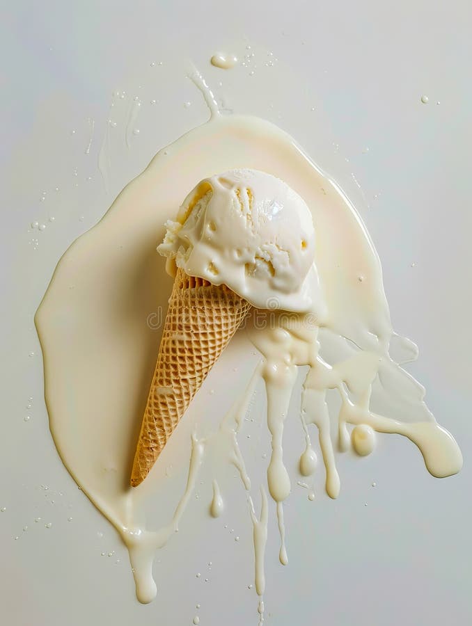 Ice Cream Cone with Melted Icecream on White Background Stock Photo ...