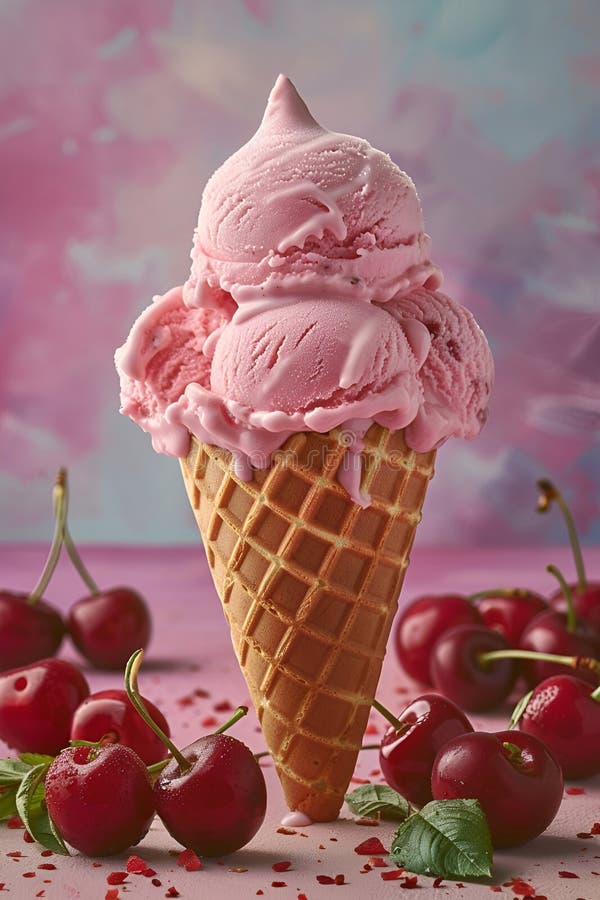 Ice Cream Cone Nestled In A Waffle Cup Adorned With Cherries Set