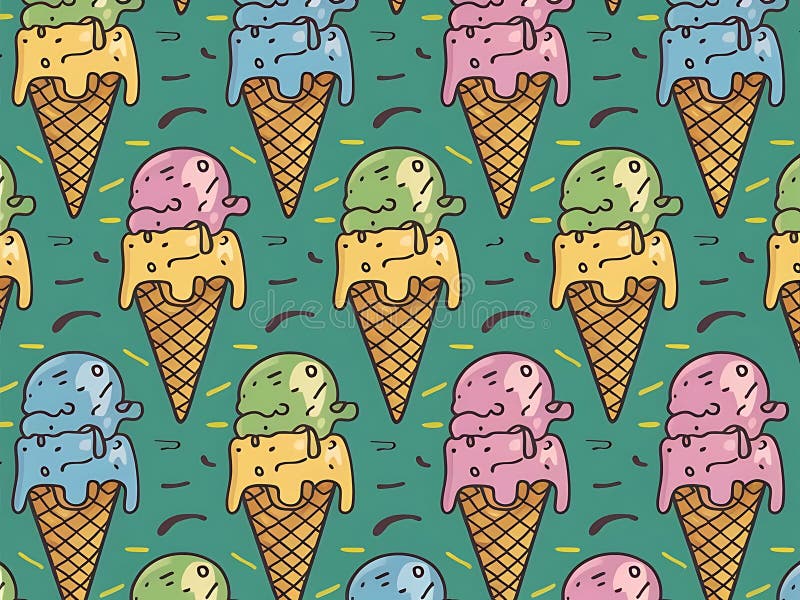 Ice Cream Cone Pattern with Colorful Scoops and Melting Details Stock ...