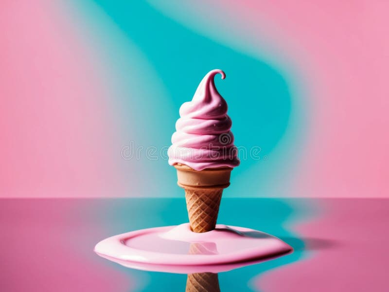 Ice Cream Cone in Pink Cream Puddle on Turquoise Background. Stock ...