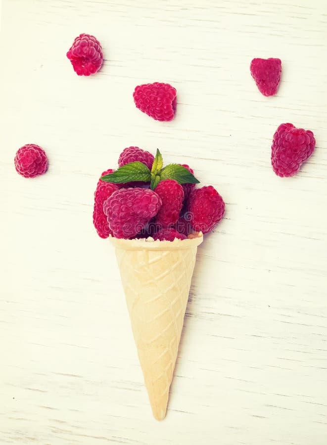 Ice Cream Cone with Raspberries, Toned Photo Stock Photo - Image of ...