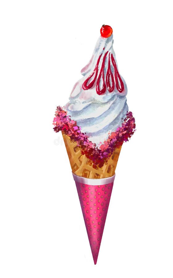 Ice Cream Cone, Raspberry Dessert, Watercolor Illustration . Stock ...