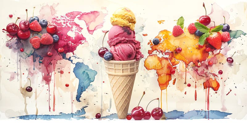 Ice Cream Cone with Scoops and Berries Over a World Map Watercolor ...