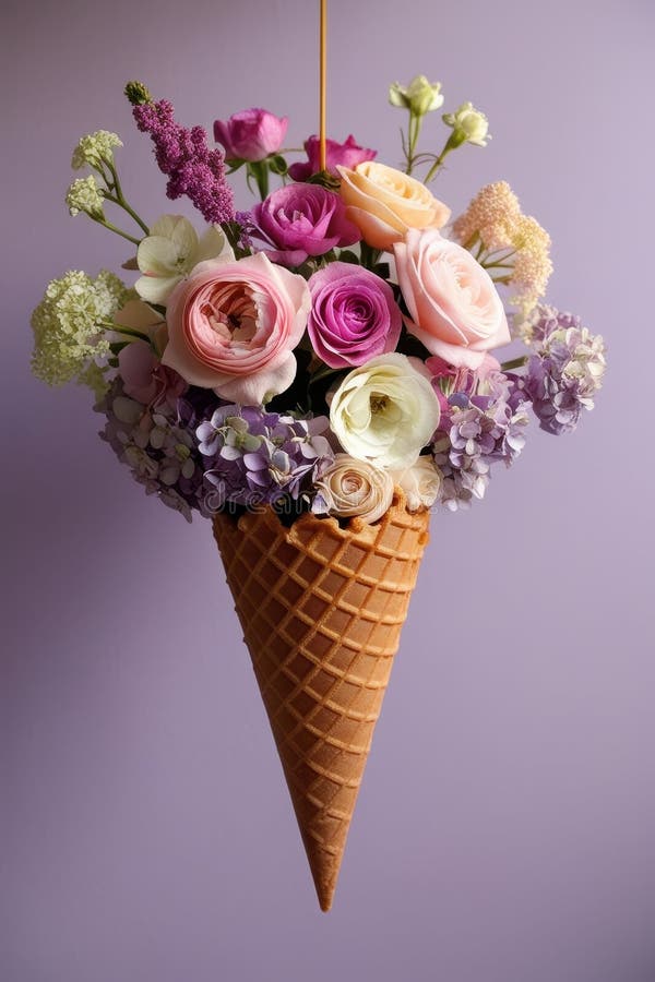 Ice Cream Cone Shaped Flower Bouquet with Roses and Lilies Stock ...