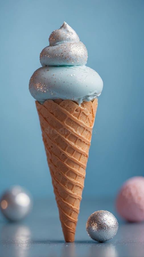 Ice Cream Cone with Silver Glitter Shiny Ice Cream on a Pastel Blue ...