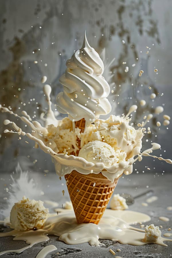 Ice Cream Cone with Whipped Cream and Splashes Stock Image - Image of ...