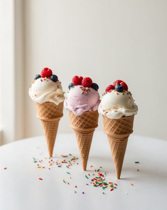 Ice Cream Cones with Berries and Sprinkles Stock Image - Image of ...