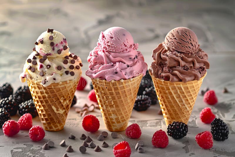 Ice Cream Cones with Chocolate, Raspberry and Berries Stock Image ...