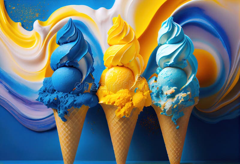 Ice Cream in Cones Over Blue-yellow Background Stock Image - Image of ...
