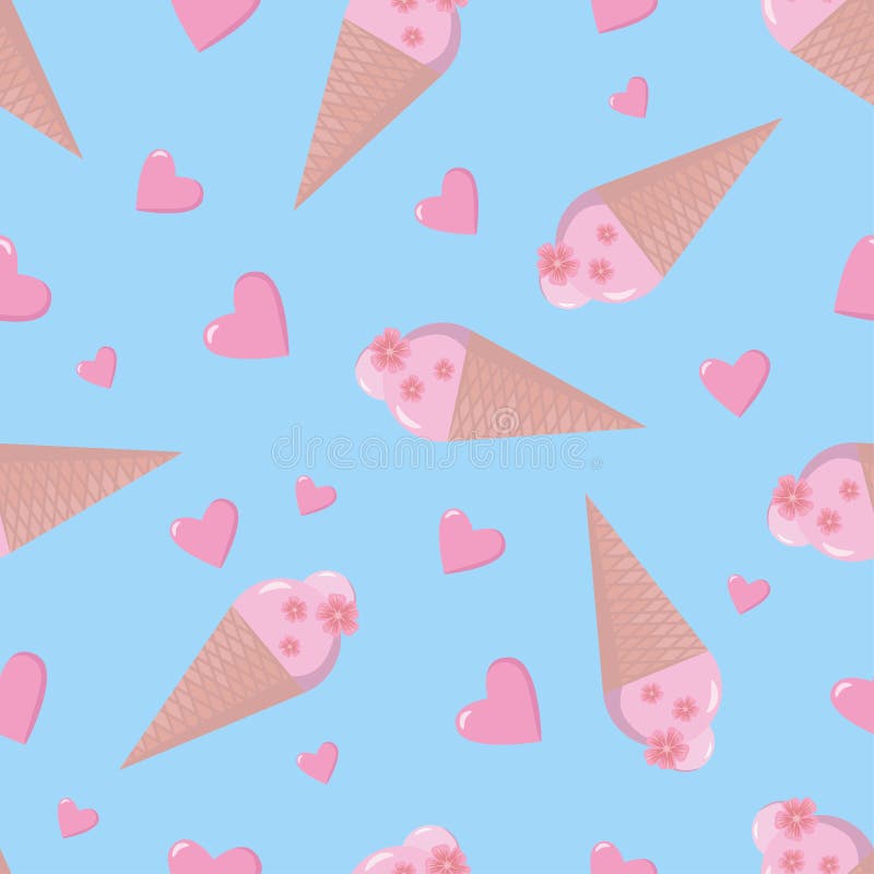 Ice Cream Cones With Pink Hearts And Flowers Seamless Pattern Stock
