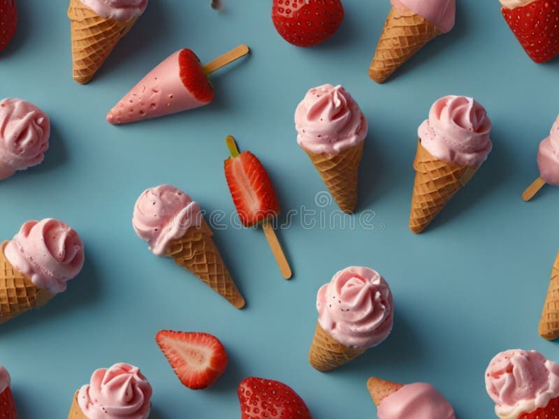 Pink Strawberry Ice Cream Pattern on Pastel Blue Background. Summer ...