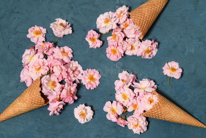 Ice Cream Cones with Small Pink Roses Stock Photo - Image of flat, cone ...