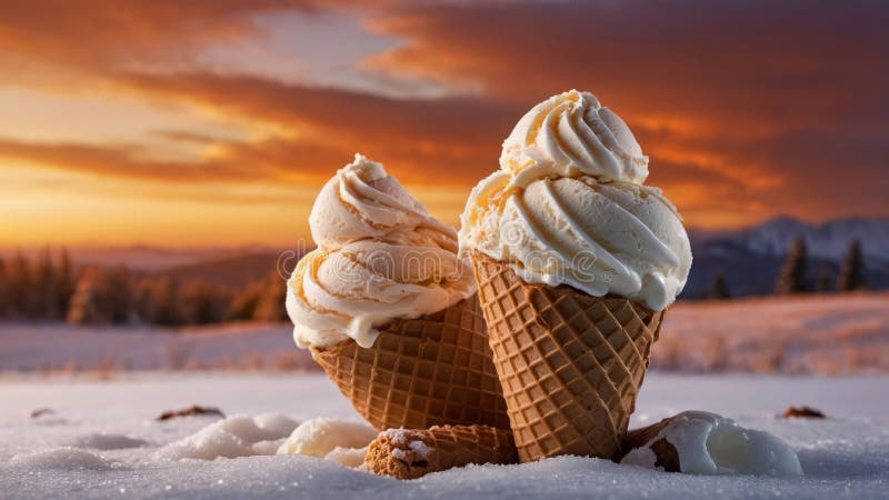 Ice Cream Cones in a Snowy Landscape during Sunset Stock Illustration ...