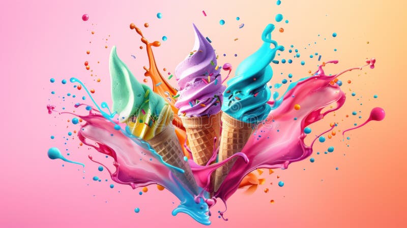 Ice Cream Cones are Splattered with Colorful Paint, Creating a Fun ...