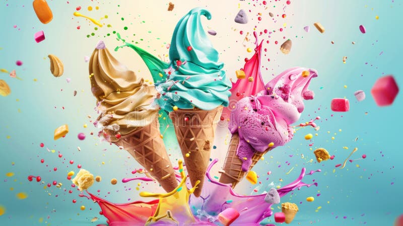 Ice Cream Cones are Splattered with Colorful Paint, Creating a Fun ...