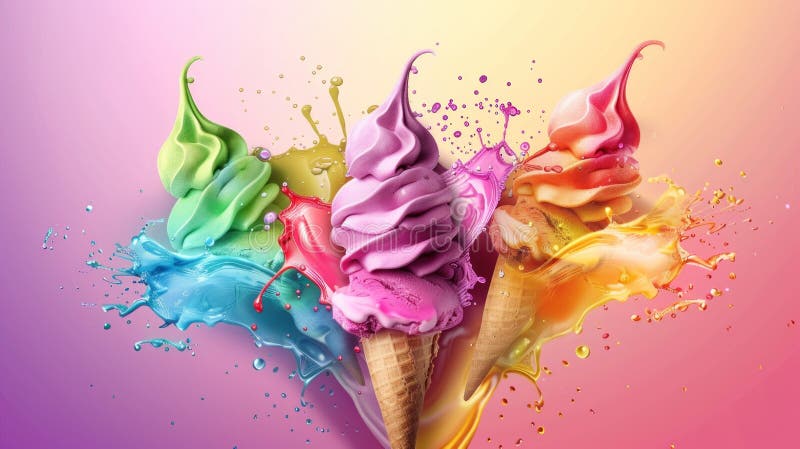 Ice Cream Cones are Splattered with Colorful Paint, Creating a Fun ...
