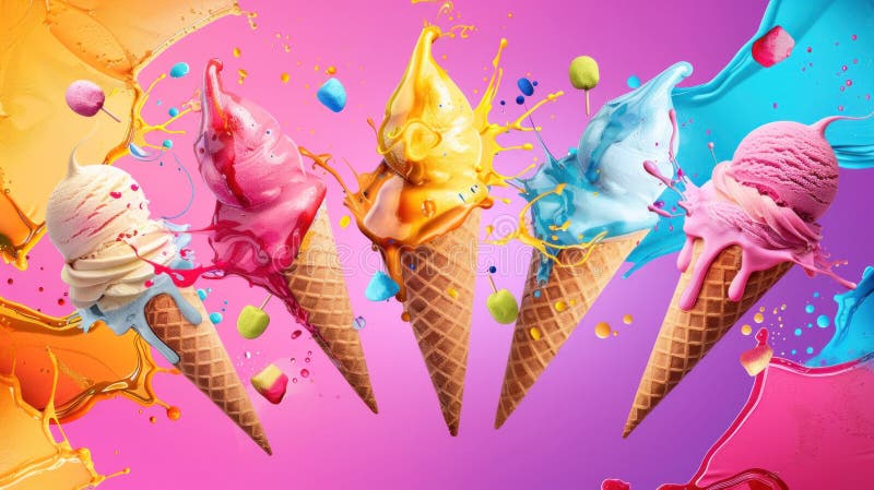 Ice Cream Cones are Splattered with Colorful Paint, Creating a Fun ...