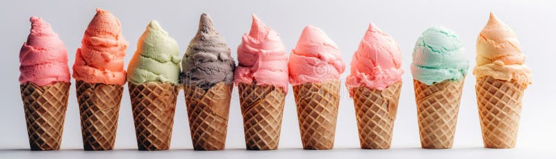Ice Cream Cones Standing on White Background Wide Panoramic. Generative ...