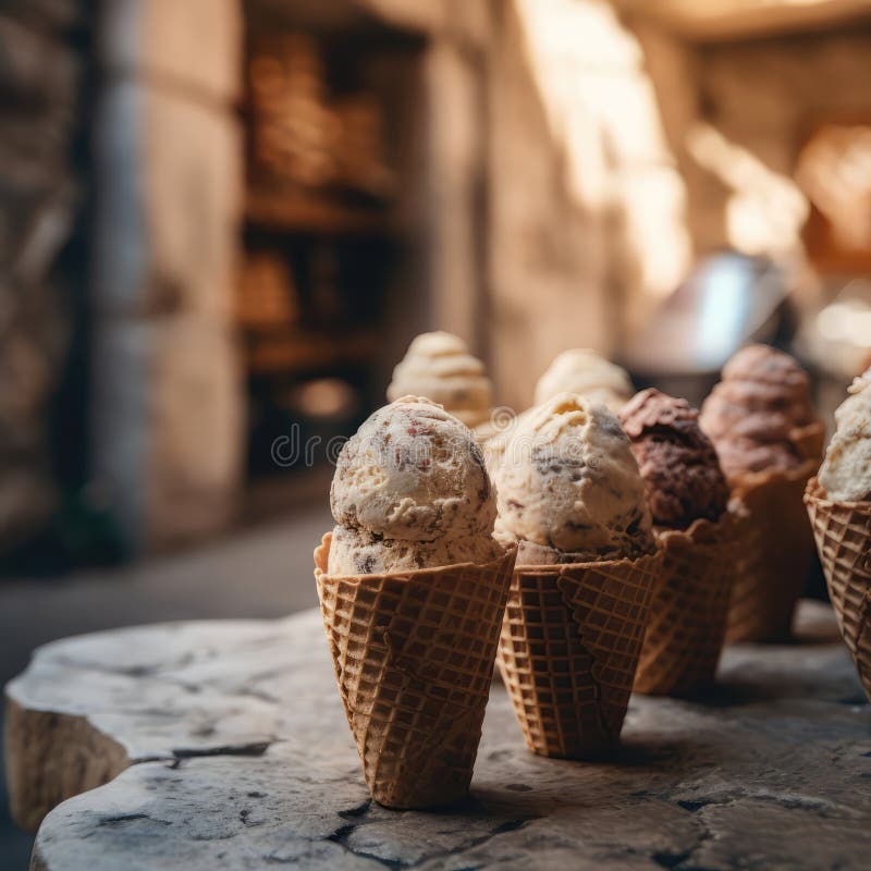 Ice Cream Cones on Stone in Rustic Pub. Generative AI Stock ...