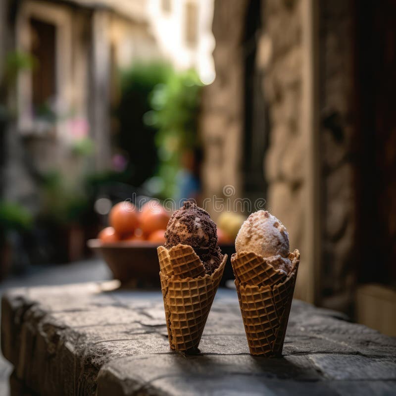 Ice Cream Cones on Stone in Rustic Pub. Generative AI Stock ...