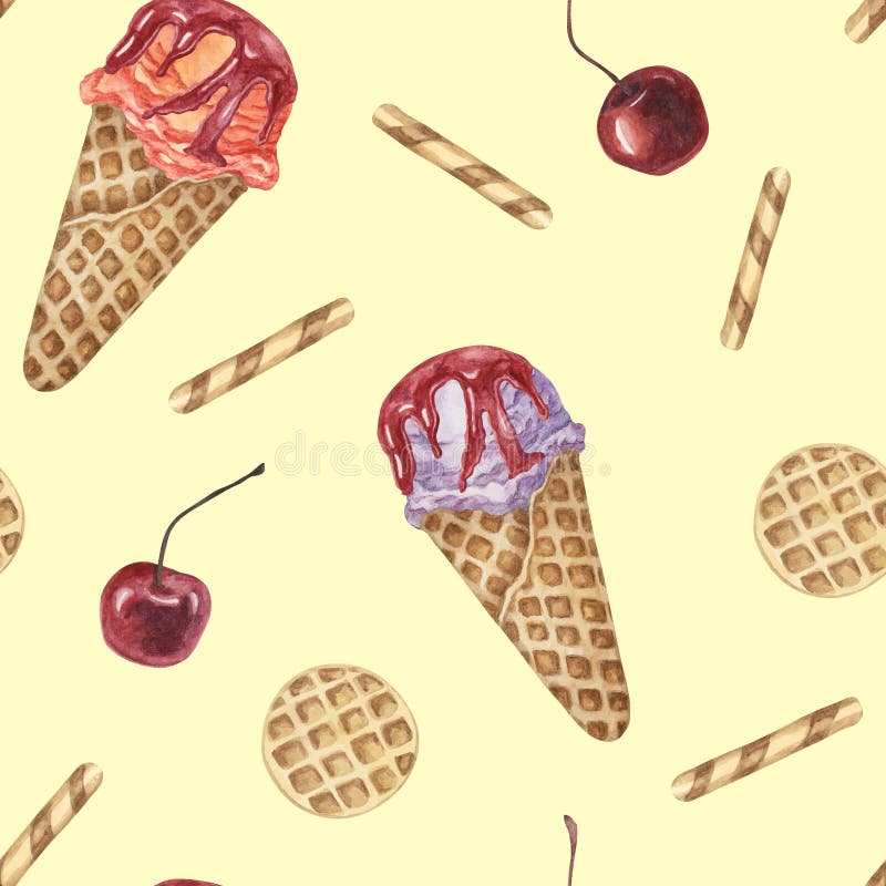 Ice Cream Cones Waffles And Cherries Watercolor Seamless Pattern Hand
