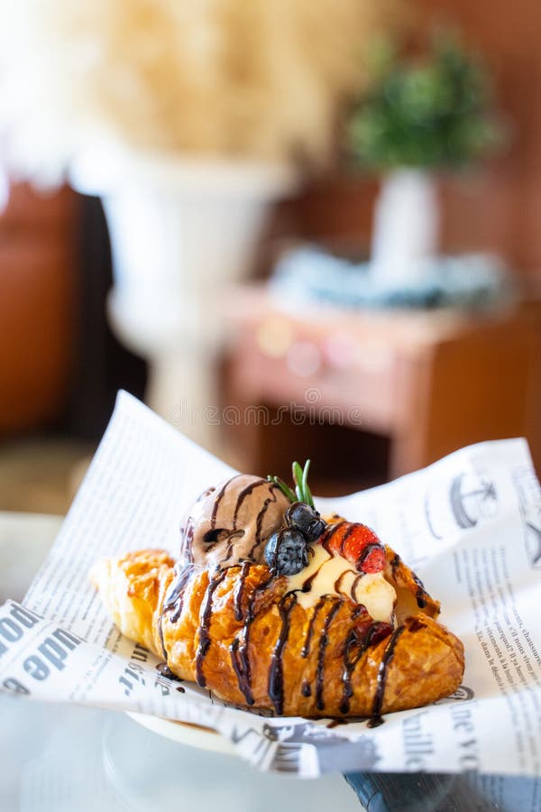 Ice Cream and Croissant for Dessert Stock Photo - Image of sauce ...