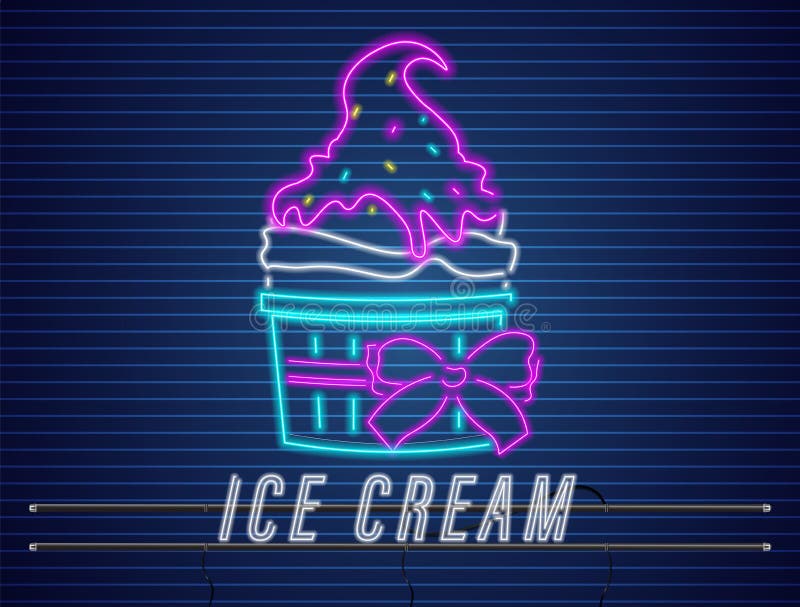 Ice Cream Cup with Bow Neon Vector. Delicious Dessert Design Label ...