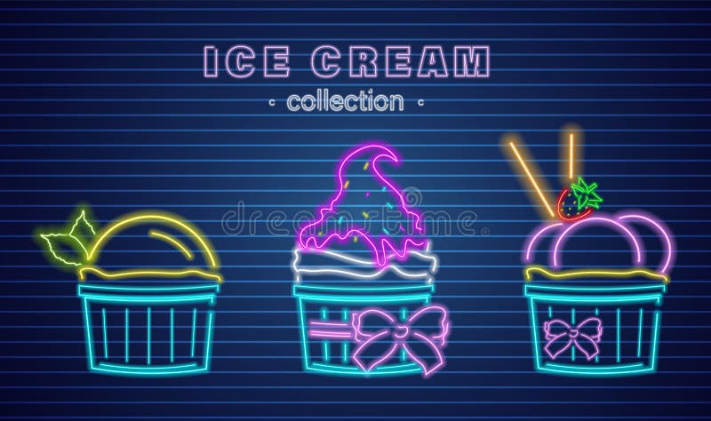 Ice Cream Cups Neon Vector. Delicious Dessert Design Label Posters ...
