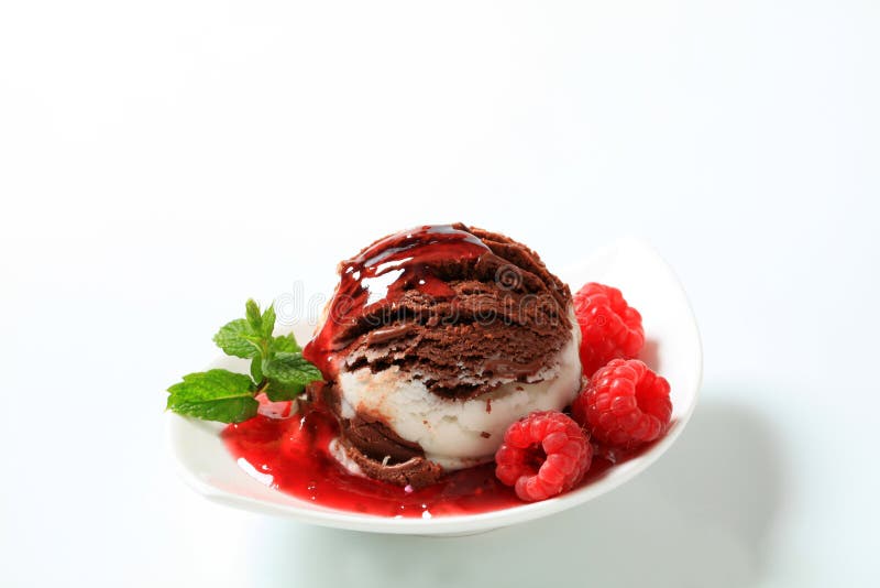 Ice Cream Dessert with Raspberry Sauce Stock Photo - Image of fudge ...