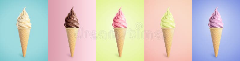Ice Cream in Different Flavors on Pastel Color Backgrounds. Soft Serve ...