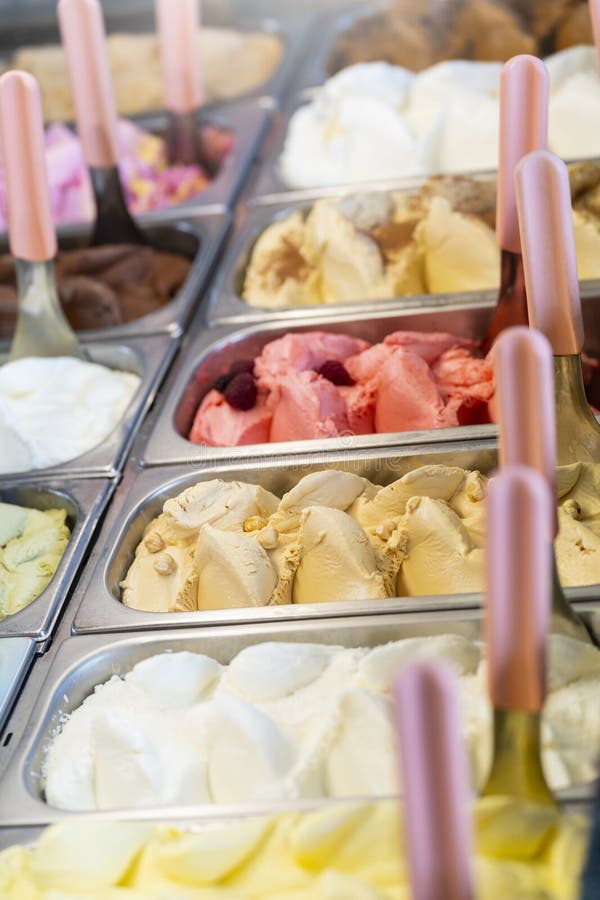 Ice Cream Display Case with Lots of Trays with Different Flavors Stock ...