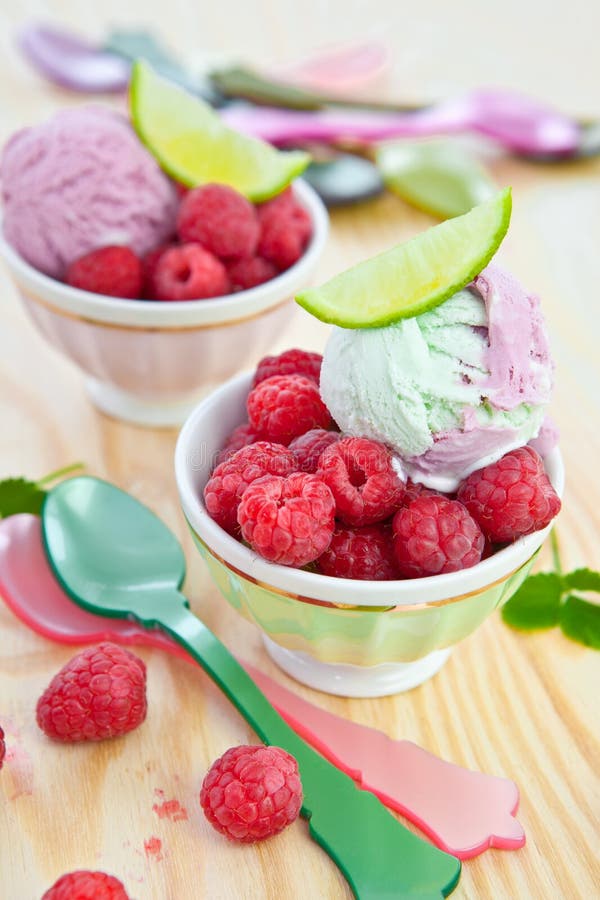 Ice Cream with Fresh Raspberries Stock Photo - Image of fruity, pink ...