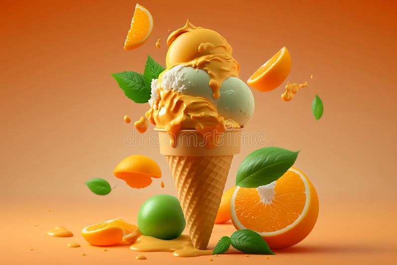 Ice Cream with Fruits on Orange Background Stock Illustration ...