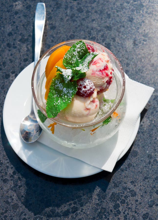 Ice Cream in a Glass on a Black Table Stock Image - Image of spoon ...