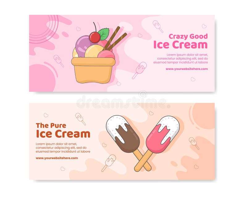 Ice Cream Horizontal Banner Template Flat Cartoon Background Vector ...