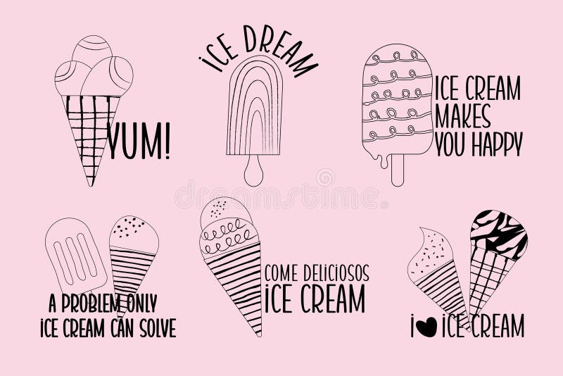 Ice Cream Lettering Outline Set of Doodle Badge Label Design Stock ...