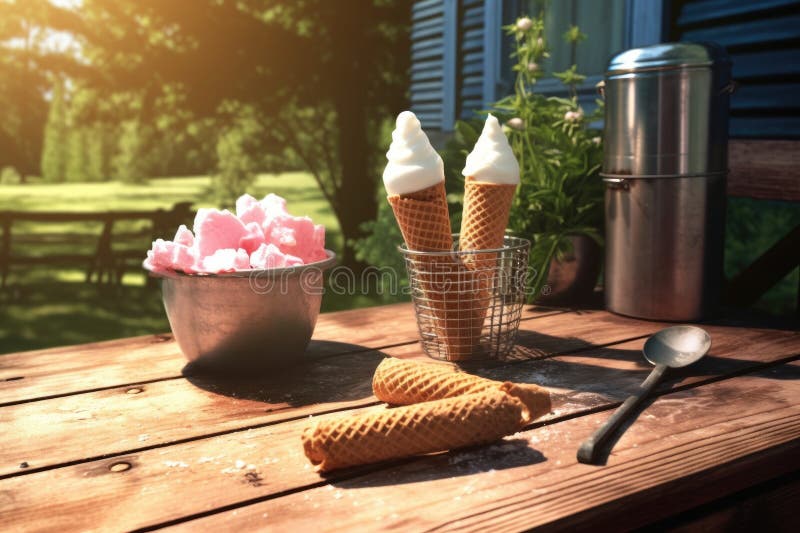 Ice Cream Making Setup on Wooden Picnic Table Stock Illustration ...