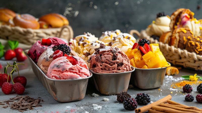 Ice Cream in Metal Containers with Different Toppings Stock Photo ...