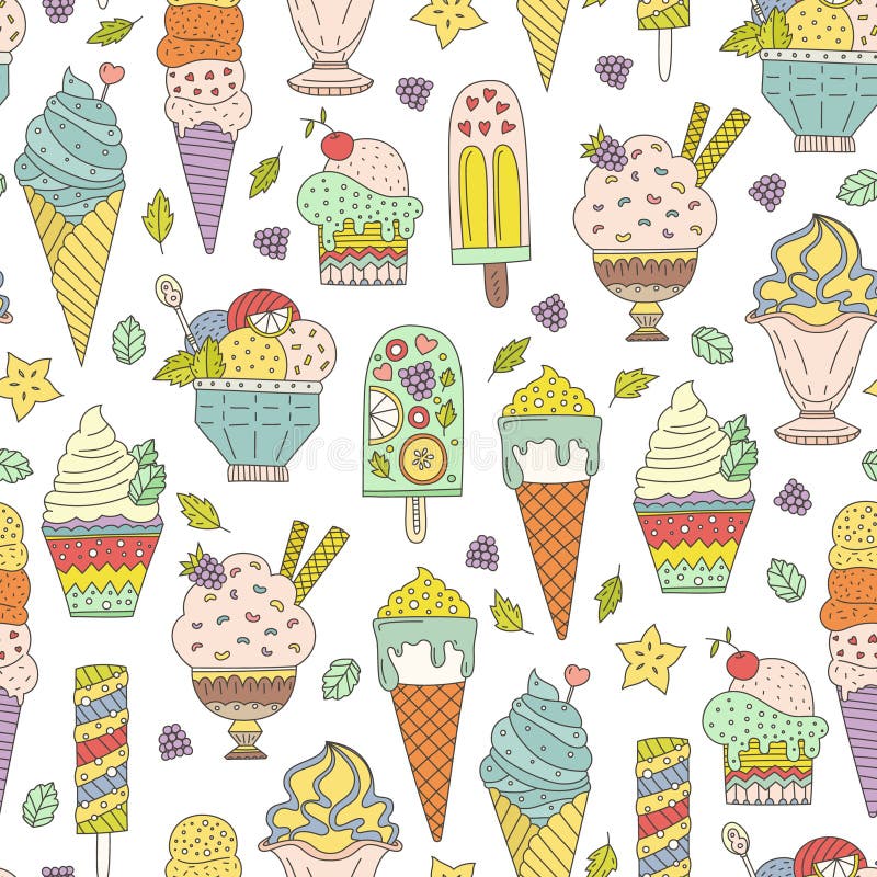 Vector Ice Cream Seamless Pattern Stock Vector - Illustration of hand ...