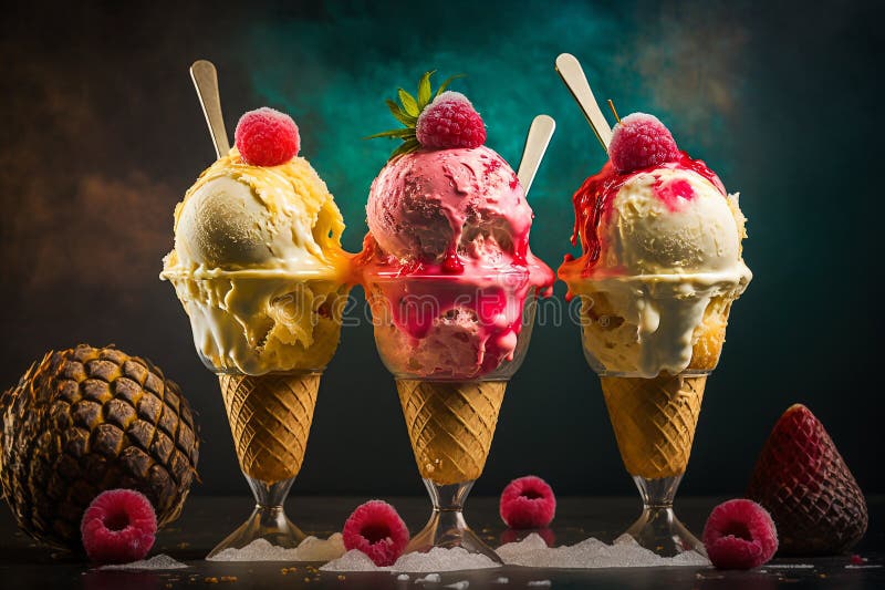 Ice Cream with Pineapple and Raspberries Illustration Generative AI ...