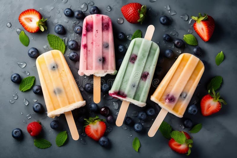 Ice Cream Popsicles with Fruit, Berries, and Ice Toppings. Generative ...