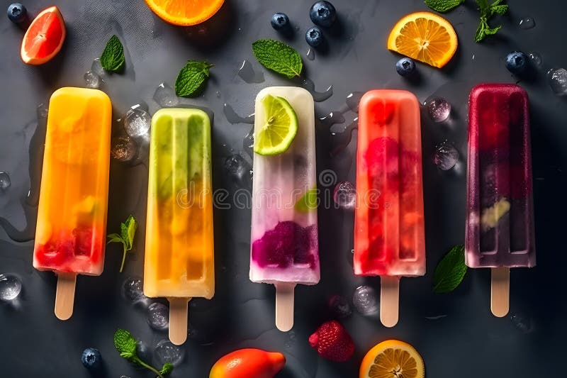 Ice Cream Popsicles with Fruits and Ice Cube on Flat Surface, High ...