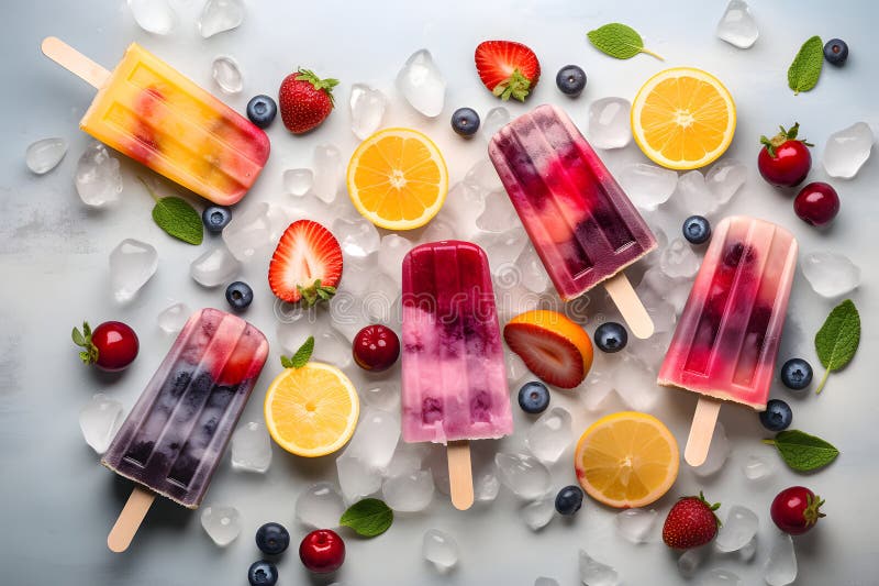 Ice Cream Popsicles with Fruits and Ice Cube on Flat Surface, High ...